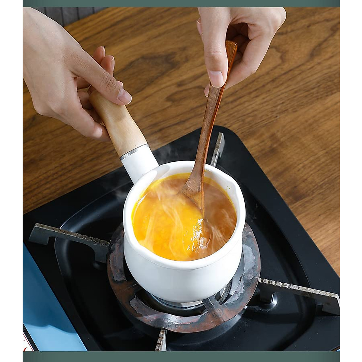 YumCute Home Enamel Milk Pan, Mini Butter Warmer 4 Inch 550ml Enamelware Saucepan Milk Warmer Small Cookware with Wooden Handle, Perfect Size for Heating Smaller Liquid Portions. (White)