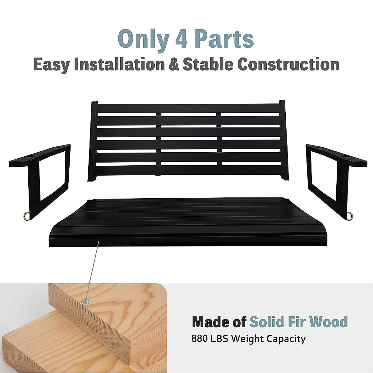 Wooden Porch Swing, Ergonomic Seat, Bench Swing with Hanging Chains and 7mm Springs, Heavy Duty 880 LBS, for Outdoor Patio Garden Yard (Black, 2-Seater Extra Large)