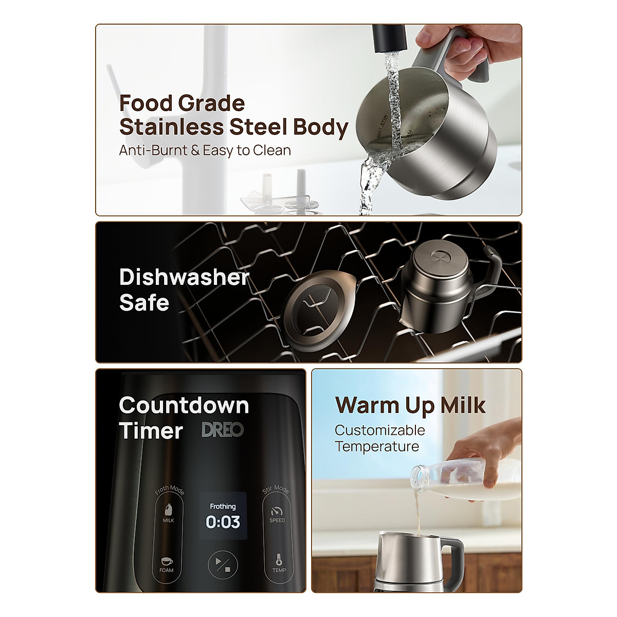 Dreo All-in-1 Milk Frother, Automatic Foam Maker for Latte Art-level Microfoam and Hot/Cold Coffee, 27oz/800ml Electric Milk Warmer with 30+ Drinks, Dishwasher Safe, Dairy/Plant-Based Milk, Star Light