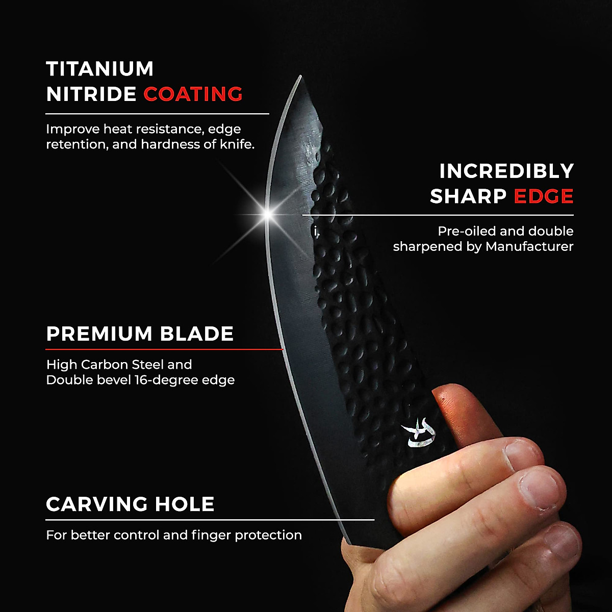 An amazing Hand Forged Butcher Knife with Reinforced Black Titanium Coated Blade that is perfect for everyday kitchens, camping, and BBQ