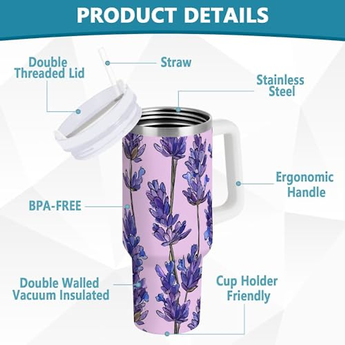 linqin Purple Lavenders Vacuum Insulated Tumbler with Lid and Straw 30 oz Large Water Bottle Reusable Mug with Handle for Water, Iced Tea or Coffee