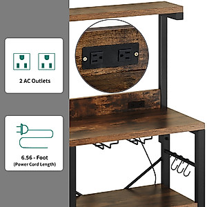 YITAHOME Small Kitchen Microwave Bakers Stand Wine Rack, Wine Rack Freestanding Floor, Coffee Bar Storage with Power Outlet for Liquor Thicken Shelf Farmhouse Dining Room, Rustic Brown