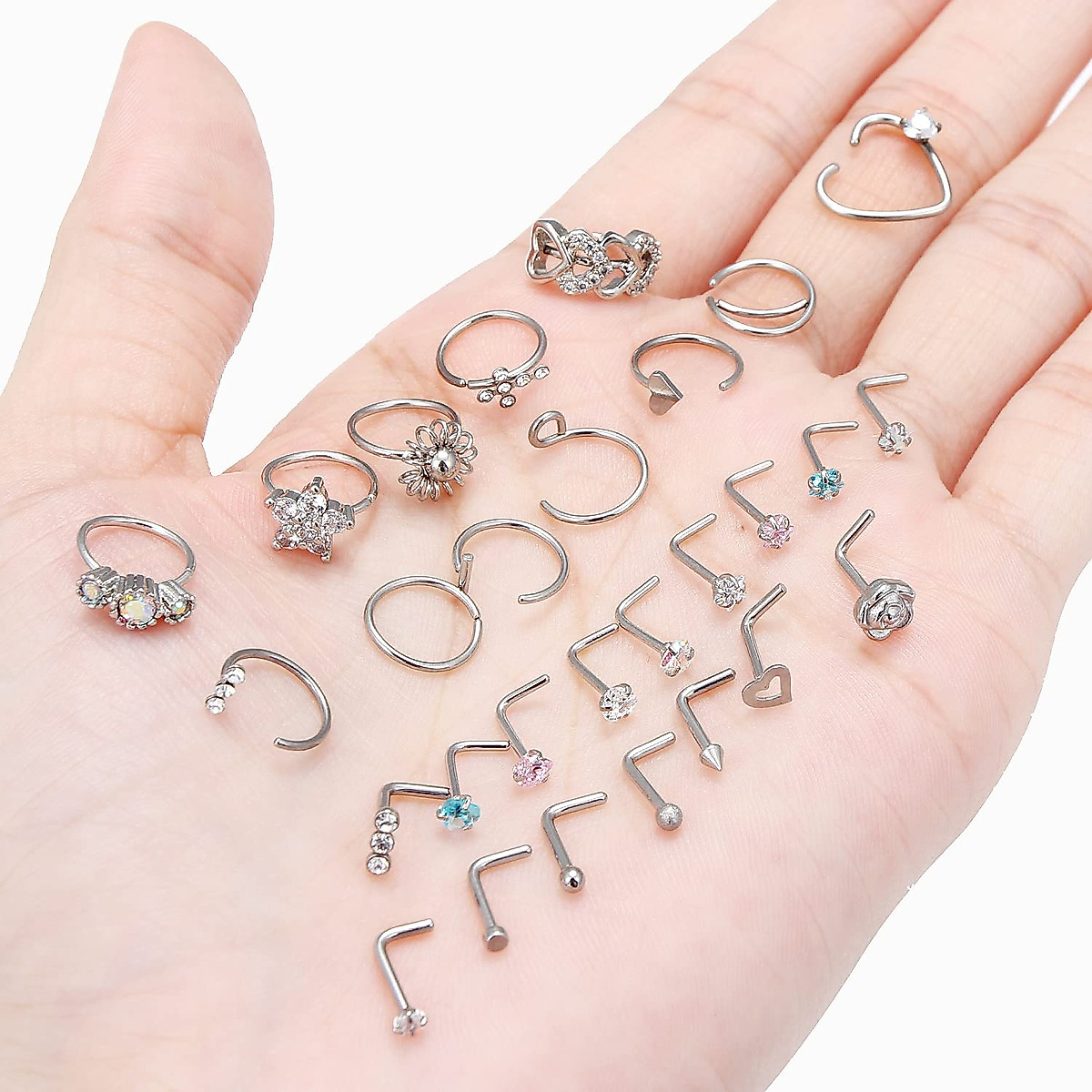 Ocptiy 18G Nose Rings Studs Hoop Piercing Jewelry for Women Stainless Surgical Steel Hypoallergenic L Shaped Cute Nose Rings Bend Curved Cubic Zirconia Nose Nostril Ring Stud Piercing Jewelry Men 2MM