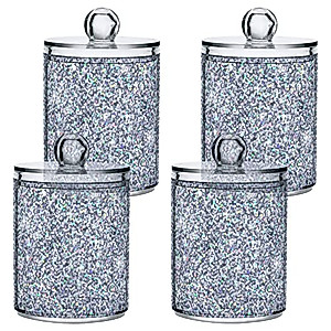 ALAZA 2 Pack Qtip Holder Dispenser Silver Glitter Bathroom Organizer Canisters for Cotton Balls/Swabs/Pads/Floss,Plastic Apothecary Jars for Vanity