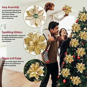 GREENTIME 12 Pcs Glitter Poinsettia 5.5" Artificial Flowers Christmas with Clips Stems Xmas Tree Ornaments for Wedding Party Wreath Decoration (Golden)