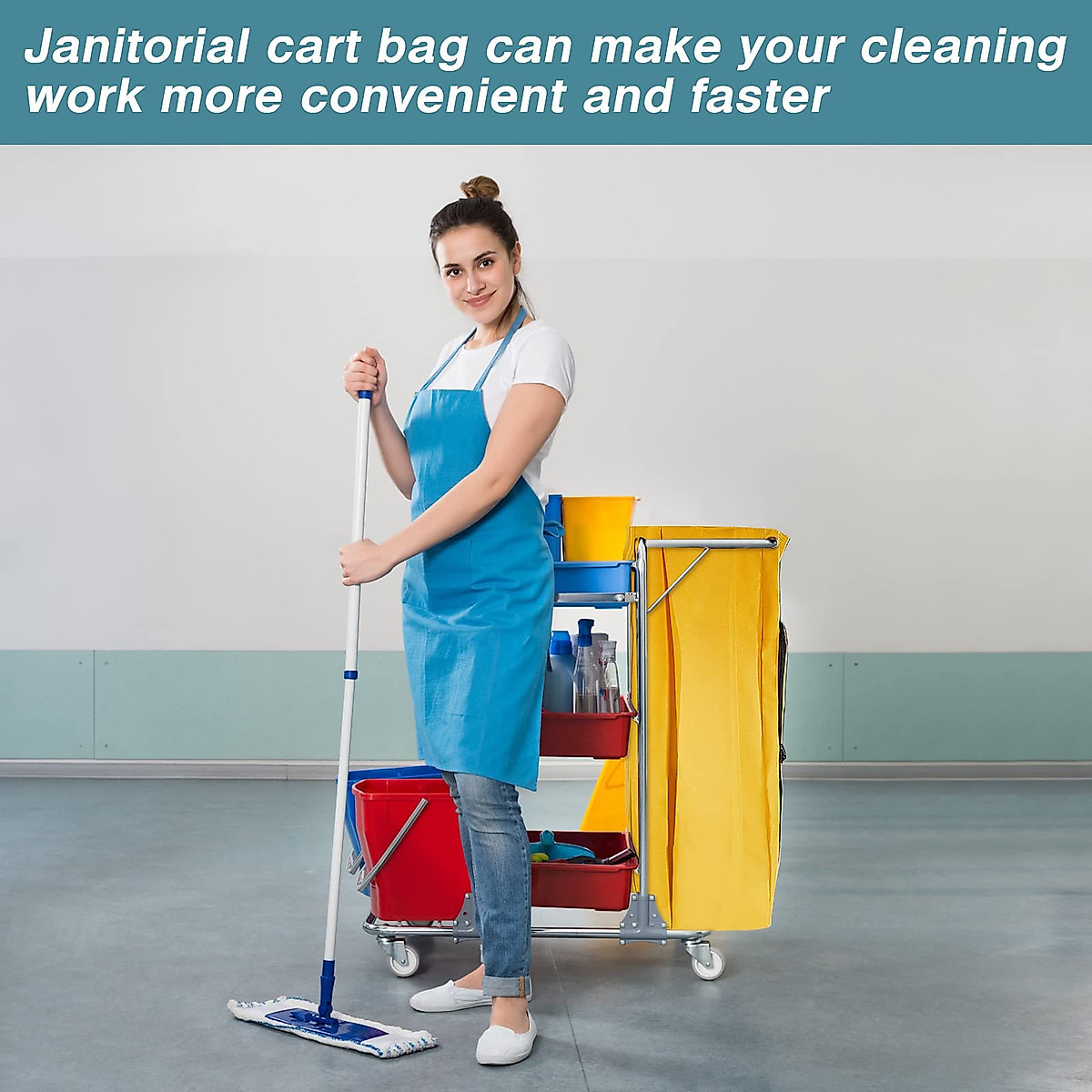 Cleaning Cart Bag Zippered Front Replacement Janitorial Cart Bag 24 Gallon Large Capacity Commercial Cleaning Bags for Cleaning Cart Housekeeping Carts, Yellow (33 x 16.8 x 10.5 Inch)