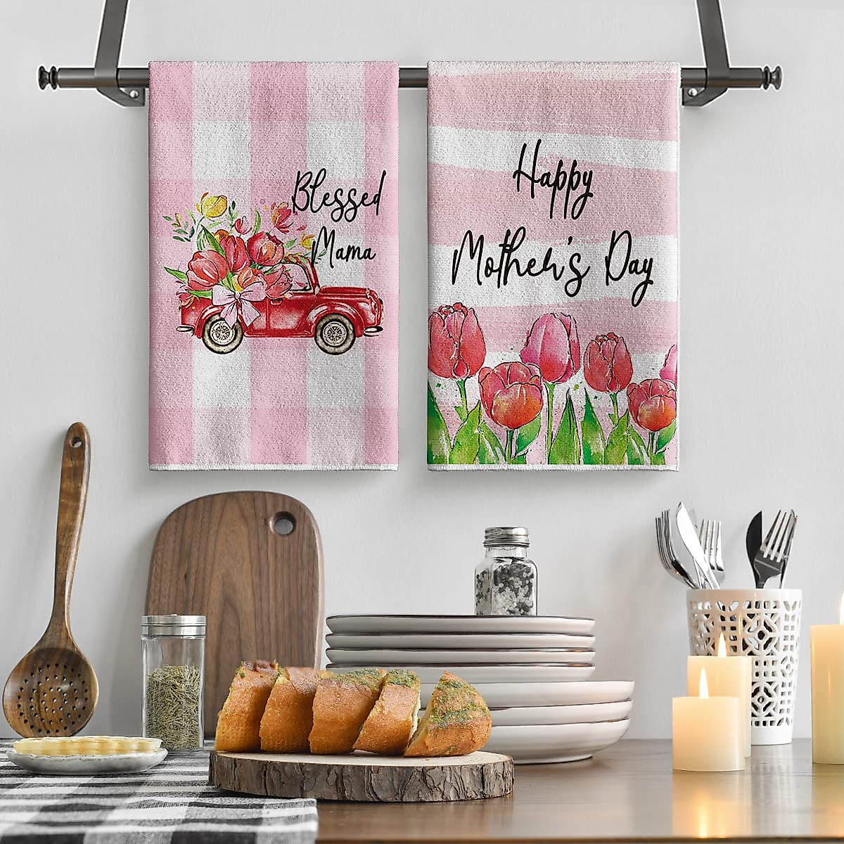 Artoid Mode Watercolor Stripes Buffalo Plaid Tulip Blessed Mama Happy Mother's Day Home Kitchen Towels, 18 x 26 Inch Ultra Absorbent Coffee Tea Bar Hand Towels Gift for Cooking Baking Set of 2