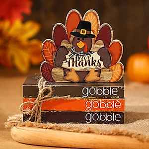 Jetec 4 Pcs Thanksgiving Turkey Decor Wooden Turkey Tiered Tray Decor Book Stack Bundle Wooden Turkey Fall Wood Tray Decor Turkey Farmhouse Rustic Decor for Autumn Thanksgiving Table Decor (Vintage)