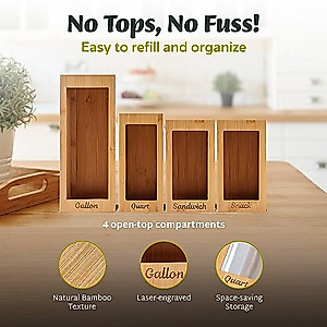 KUIZIANA Storage Bag Organizer, 4 Individual Bag Storage Organizer Boxes, Sandwich Bag Holder, Snack, Quart and Gallon Storage Bags Organizers, Natural Bamboo Wood Material, 4-Piece Set