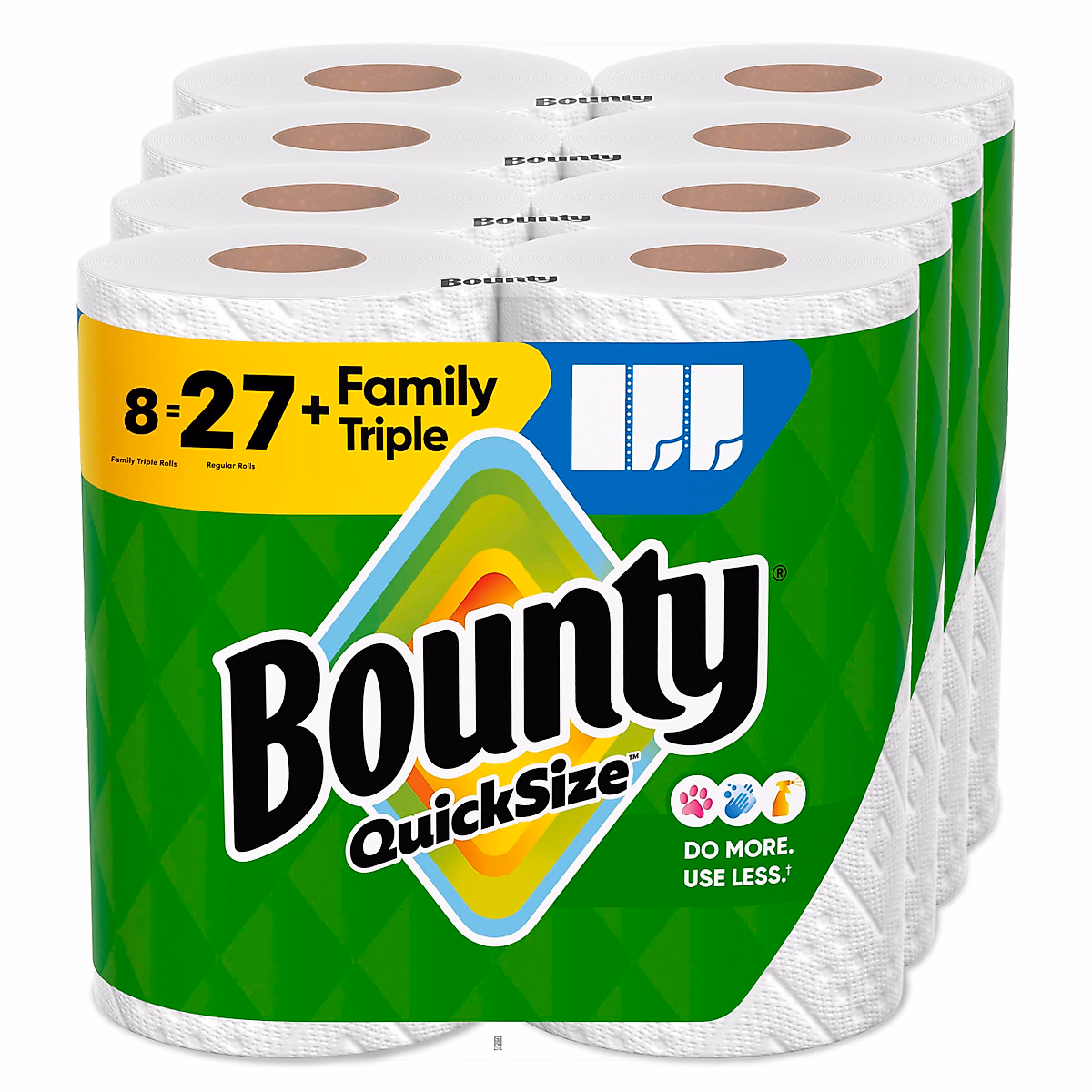 Bounty Quick-Size Paper Towels, White, 8 Family Triple Rolls = 27 Regular Rolls