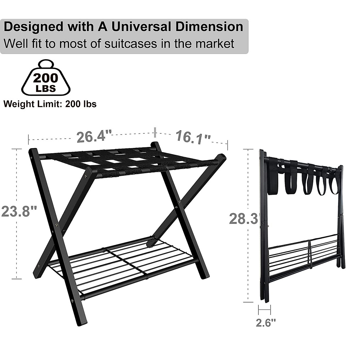 Fandature Folding Luggage Rack for Guest Room, Metal Foldable Suitcase Stand Holder with Metal Shelf for Bedroom, Black, 1 pack