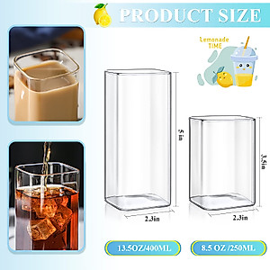 Tessco 8 Set Square Drinking Glasses Square Glass Cup Clear Highball Drink Tumbler for Coffee Beer Juice High Borosilicate Material Light Weight Small Size Short Cute Glass Set (8.5 oz, 12 oz)