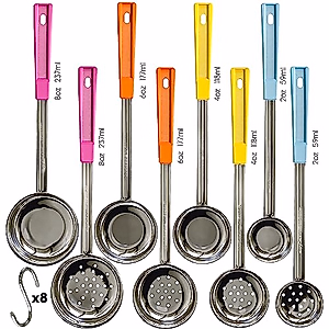 Portion Control Serving Spoons - (8 Piece Set) Restaurant Measuring Serving Ladle Utensils for Weight Loss, Bariatric Gastric Sleeve, Includes 2, 4, 6, 8 oz Solid & Perforated Scoops, 14-1/4" Long