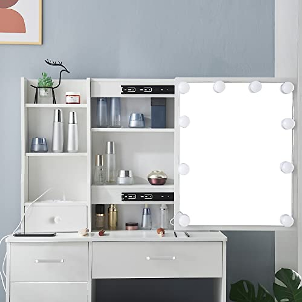 White Vanity Set with Lighted Mirror and Charging Station, Modern Makeup Vanity Desk with Lights and Mirror, Dressing Table with Cushioned Stool and 5 Drawers for Girls Bedroom