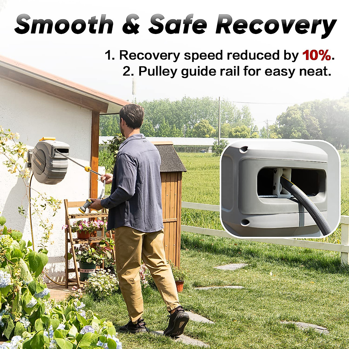 GLAHODEN Retractable Garden Hose Reel 5/8 in x 65 ft Upgraded UV Resistant Heavy Duty Automatic Hose Reel Wall Mount 3/4 in Brass Fitting 9 Pattern Nozzle Any Length Lock Slow Retraction 180° Swivel