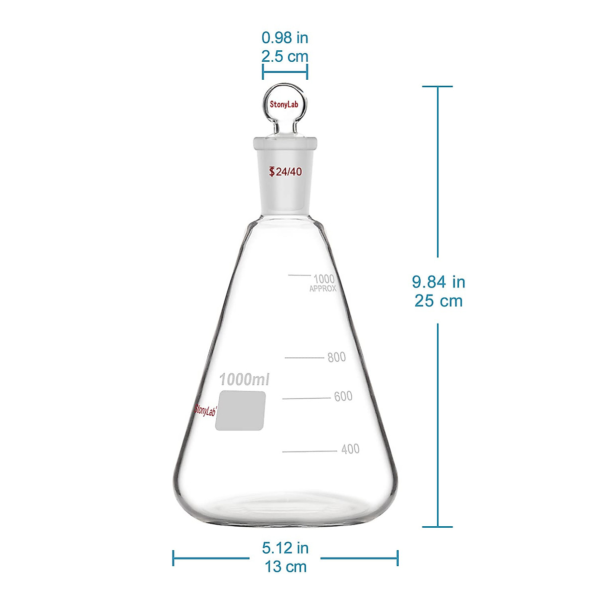 stonylab Glass 24/40 Erlenmeyer Flask with Stopper, 1000 ml Borosilicate Glass Heavy Wall Flask with 24/40 Standard Taper Outer Joint and Glass Stopper