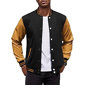 COOFANDY Mens Varsity Bomber Jackets Leather Varsity Letterman Jacket Letter A Winter Black-Yellow Medium