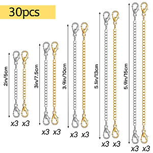 winee 30pcs Chain Extenders for Necklace, Necklace Extenders for Women Girls Bracelet Anklet Extender Stainless Steel Chain Extenders for Jewelry Making 2in 3in 4in 5in 6in (15 Gold, 15 Silver)