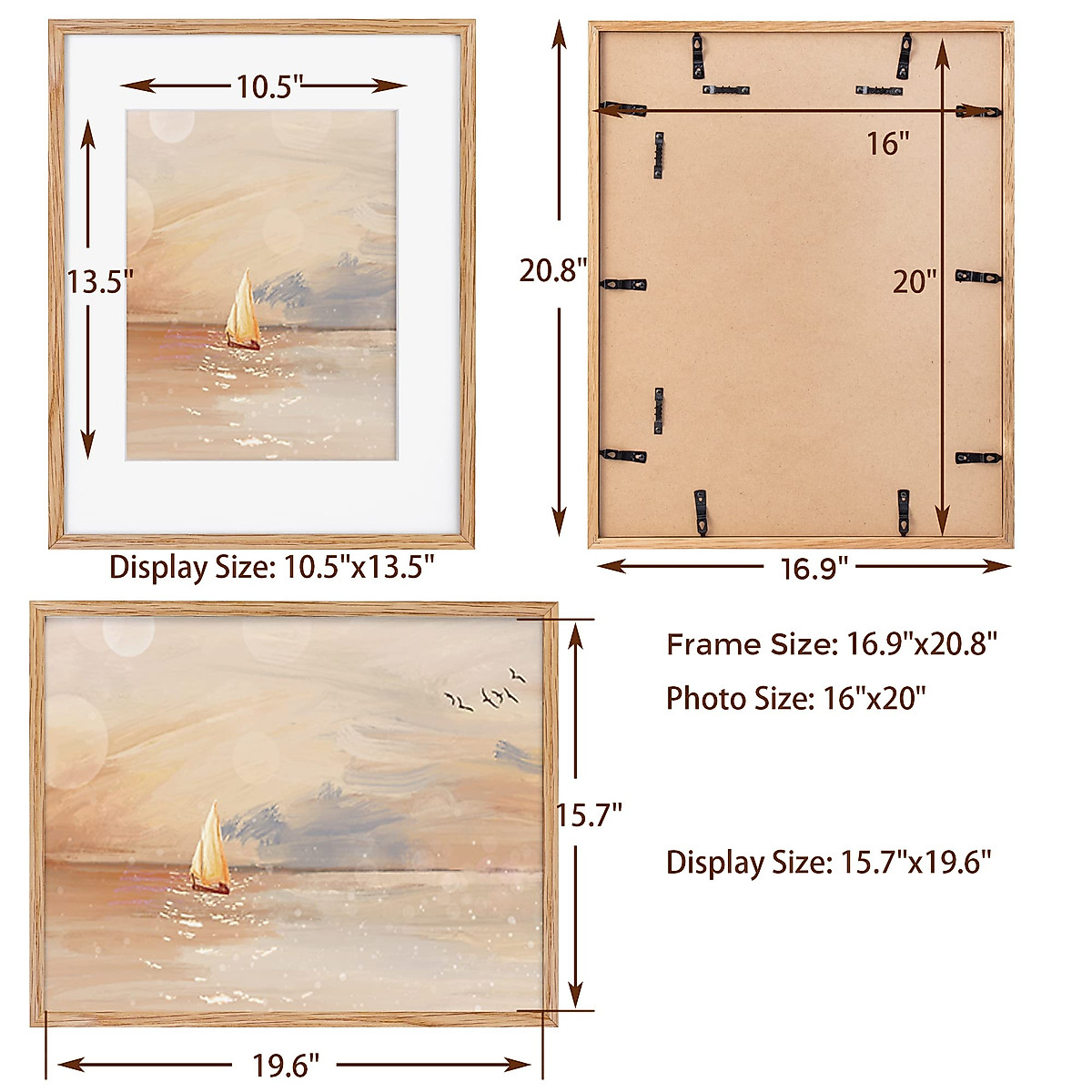 16x20 Picture Frame, 16 x 20 Solid Oak Wood Frame, Tempered Glass, 16x20 Picture Frame with Mat for 11x14, 16 by 20 Frame for Wall, 16x20 Wood Frames, 16x20 Matted Poster Frame, Natural Oak Color
