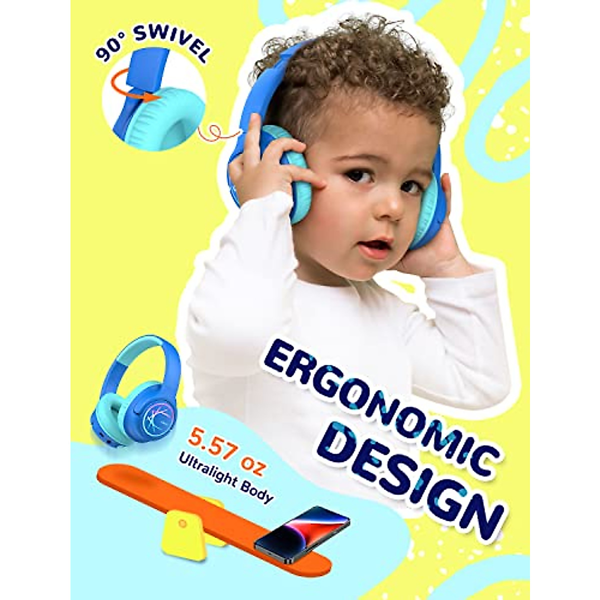 iClever Kids Bluetooth Headphones with LED Lights, BTH18 Safe Volume 74/85/94dBA, 43H Playtime, Stereo Sound, USB-C, AUX Cable, Bluetooth5.3 Over Ear Kids Headphones Wireless for Tablet/Travel, Blue