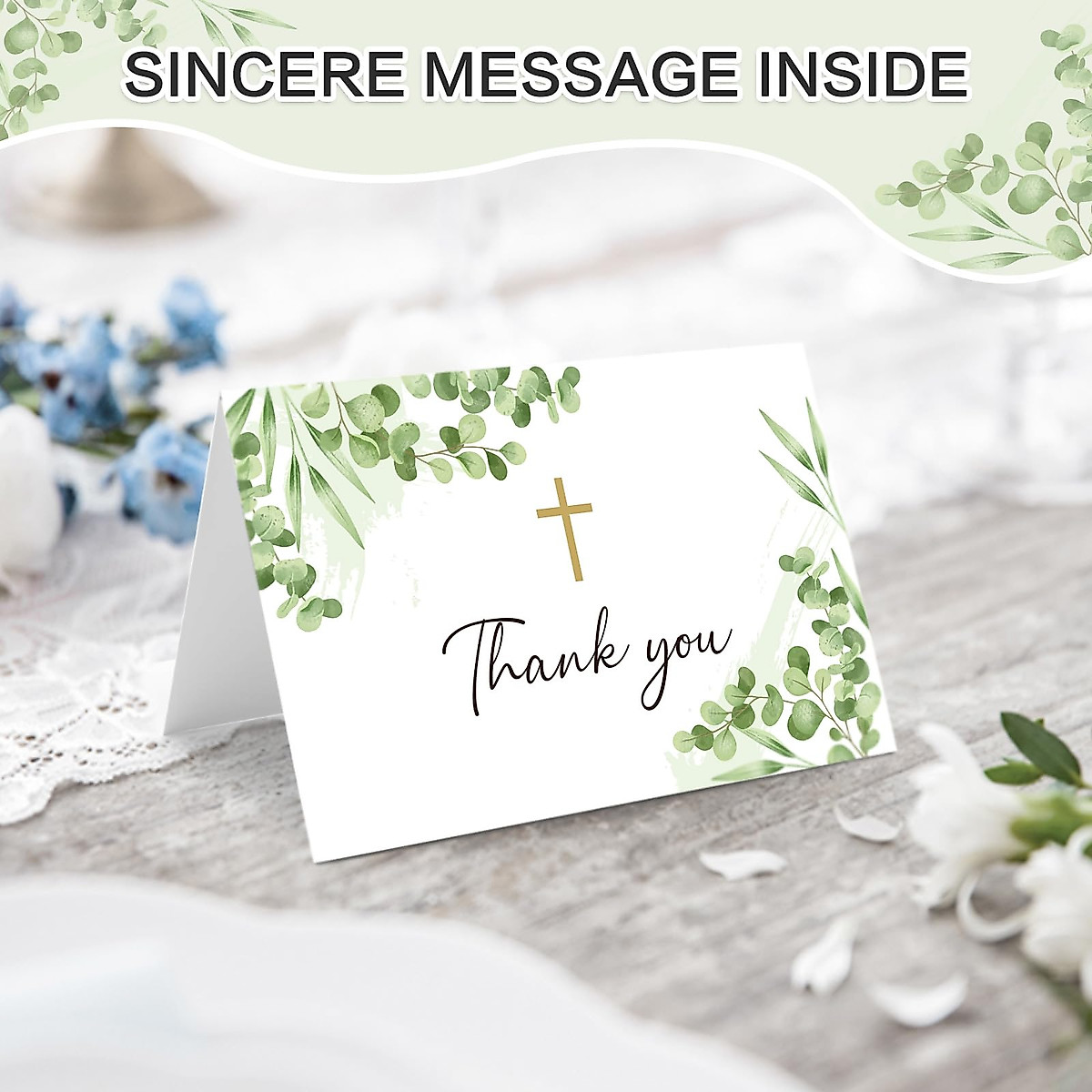 BYBOUS 25 Pack Thank You Cards with Envelope & Stickers, 4 * 6in Watercolor Greenery Cross Blank Inside Thank You Card for Bulk Baptism, Wedding, Bridal Shower, Baby Shower, Communion, Funeral