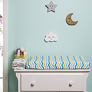 EVERYDAY KIDS 2 Pack Baby Changing Pad Covers for Baby Boy – Fits Most Changing Table Pads; 100% Cotton Jersey Knit, Breathable, Soft Changing Table Topper – Yellow and Blue Cars + Chevron Pattern