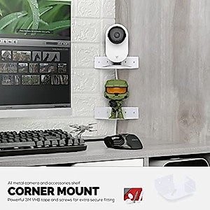 BRAINWAVZ Small Metal Corner Shelf for Security Cameras, Baby Monitors, Speakers, Home Decor & More Universal Shelf Adhesive & Screw-in Wall Mount (White)