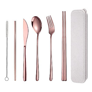 AARAINBOW 6 Pieces 18/8 Stainless Steel Flatware Set Portable Reusable Cutlery Set Travel Utensils Set Including Chopsticks Knife Fork Spoon Straws Cleaning Brush Dishwasher Safe (Rose Gold)