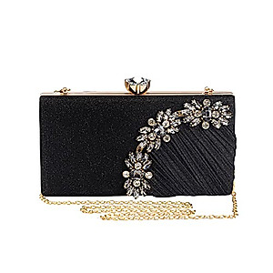 Mulian LilY Black Evening Bags For Women Glitter Crystal Pleated Bling Clutch Purse With Detachable Chain Strap M262