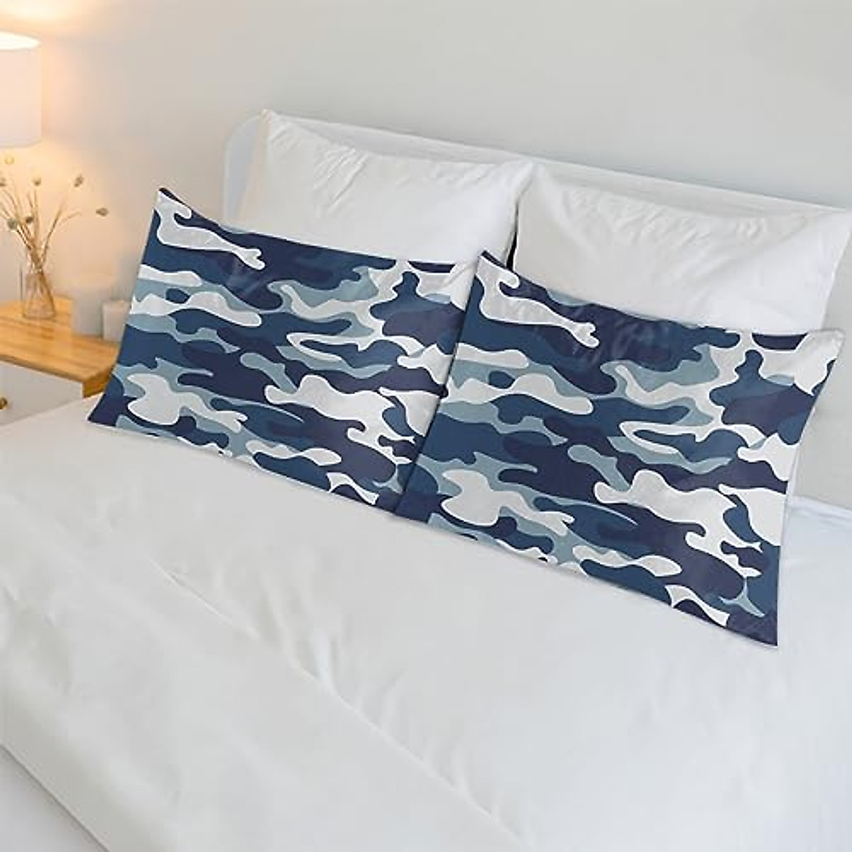 Camo Blue Forest Texture Satin Pillow Cases Silk Satin Pillowcase for Hair and Skin Standard Set of 2 Super Soft Silk Pillowcase with Envelope Closure (20x26 in)