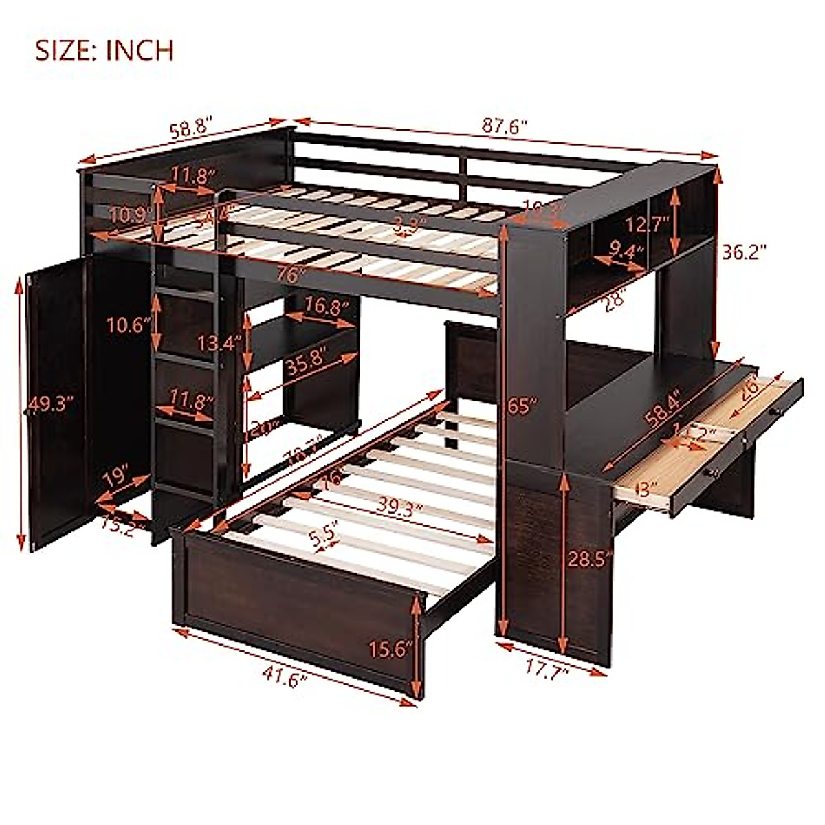 SOFTSEA Full Over Twin Bunk Bed with Desk, Full Size Loft Bed with Wardrobe and Storage, Wood Loft Bed with Stand-Alone Bed for Kids Teens (Espresso)