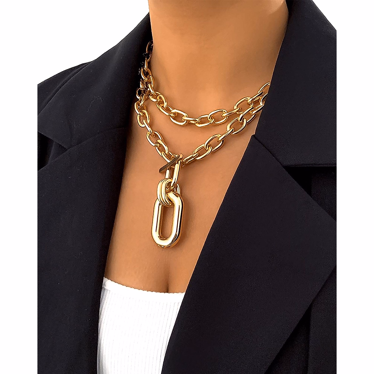 MJartoria Gold Layered Necklaces for Women Trendy Retro OT Buckle Pendant Necklace Chunky Link Paper Clip Chain Pendant Necklaces for Jewelry Birthday Gifts