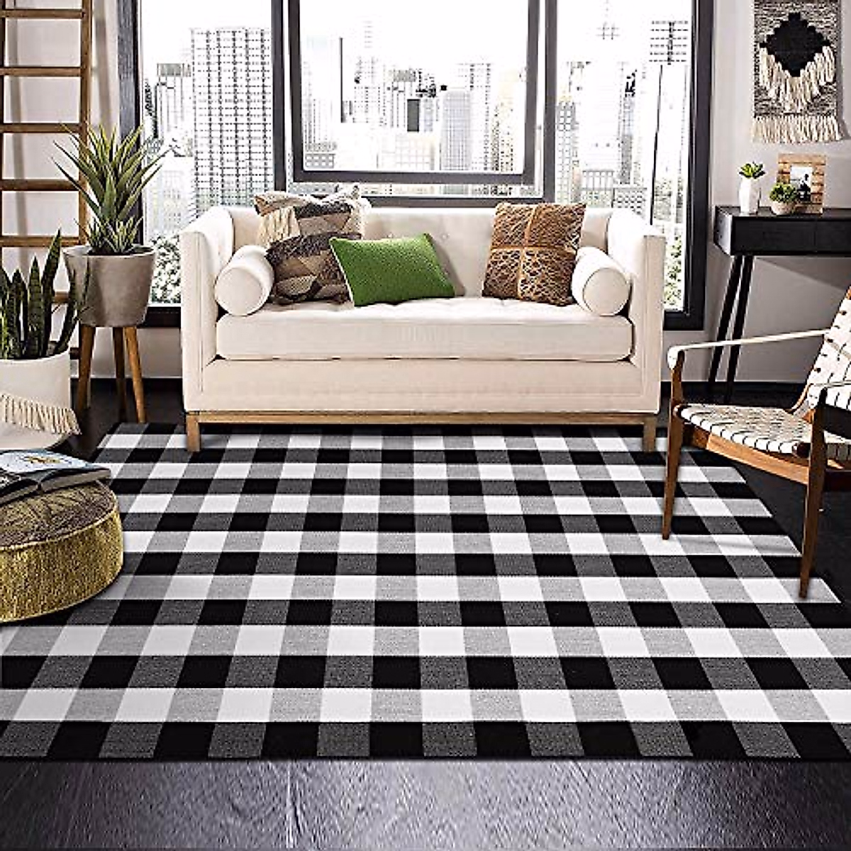 EARTHALL Buffalo Plaid Rug Black and White 5x7 Area Rug, Cotton Hand-Woven Washable Indoor Outdoor Area Rug Farmhouse/Dining Room/Bedroom/Living Room Rug Retro Lattice Checkered Carpet (59''x78'')