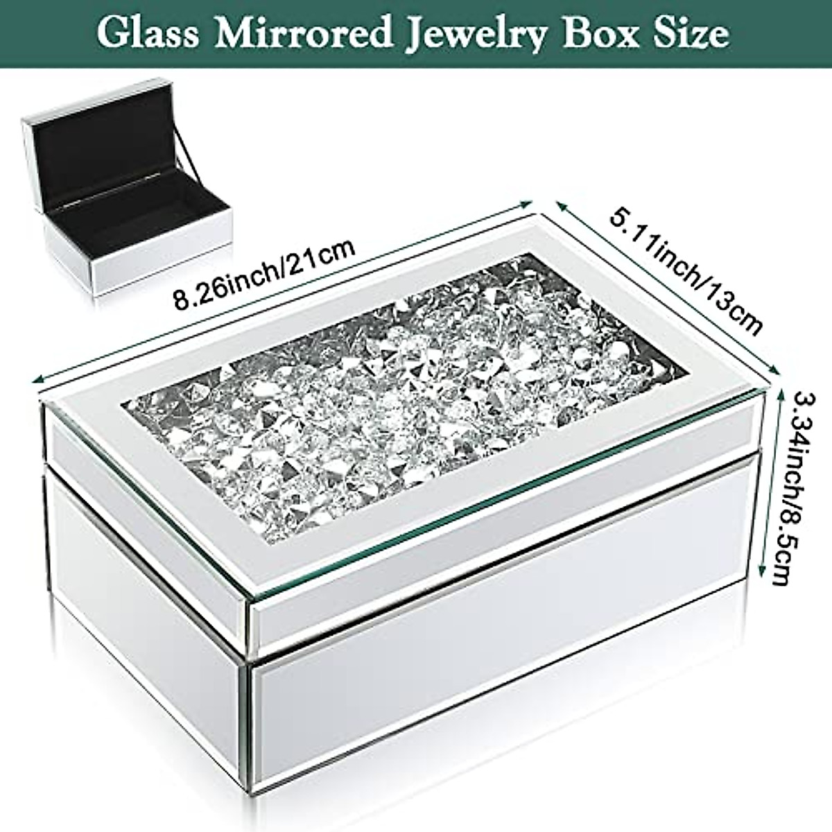 Kenning Luxury Silver Crushed Diamond Glass Mirrored Mirrored Jewelry Box Organizer Storage for Women Jewelry Ring Luxury Organizer Box