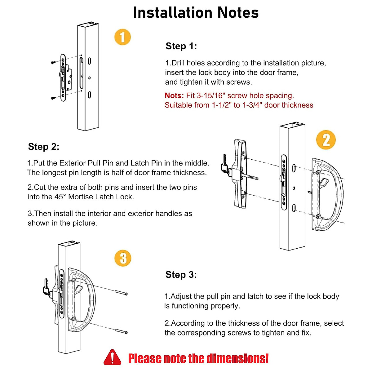 Patio Sliding Door Handle Set with Mortise Lock, Perfect Replacement Sliding Door Handle with Key Lock Fits Patio Doors Thickness 1-1/2" to 1-3/4", 3-15/16" Screw Hole Spacing, Reversible Design