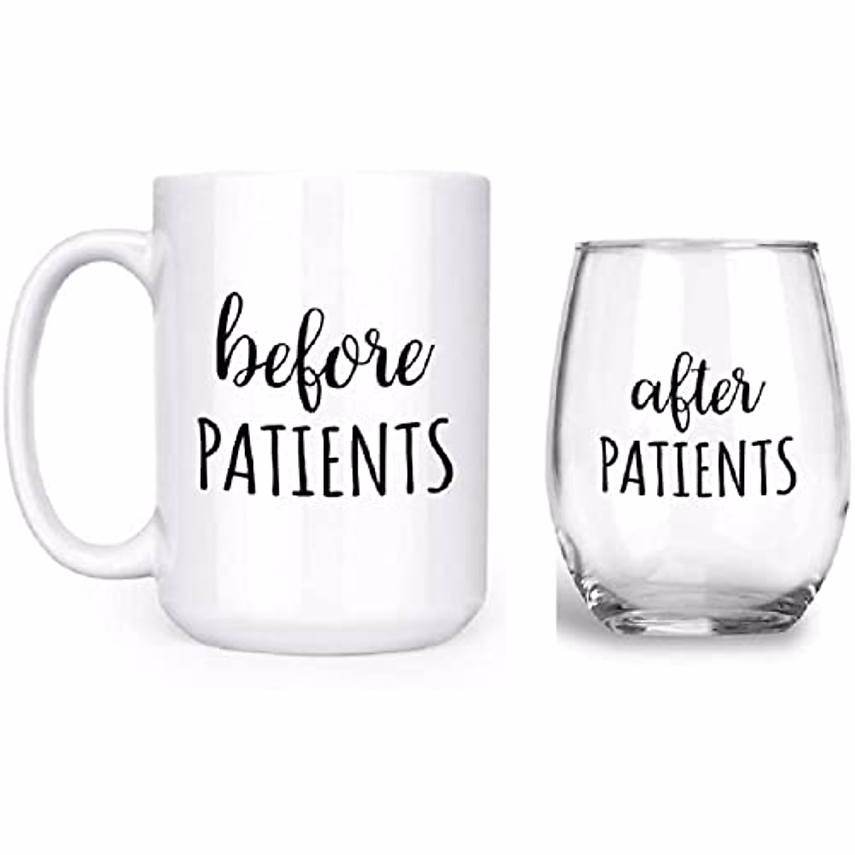 Artisan Owl Before Patients, After Patients SET - Set Contains: One (1) 15 oz Deluxe Large Double-Sided Mug and One (1) 17 oz Stemless Wine Glass