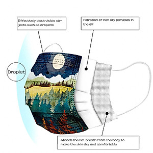 Felicy 50PC Sun Mountain Forest Watercolor printed Disposable Face Mask, Full Face Protection Women Adults Nose Clip Elastic Earloop (F - Mixed Colors), 6.9 x 3.7inch / 17.5 x 9.5cm
