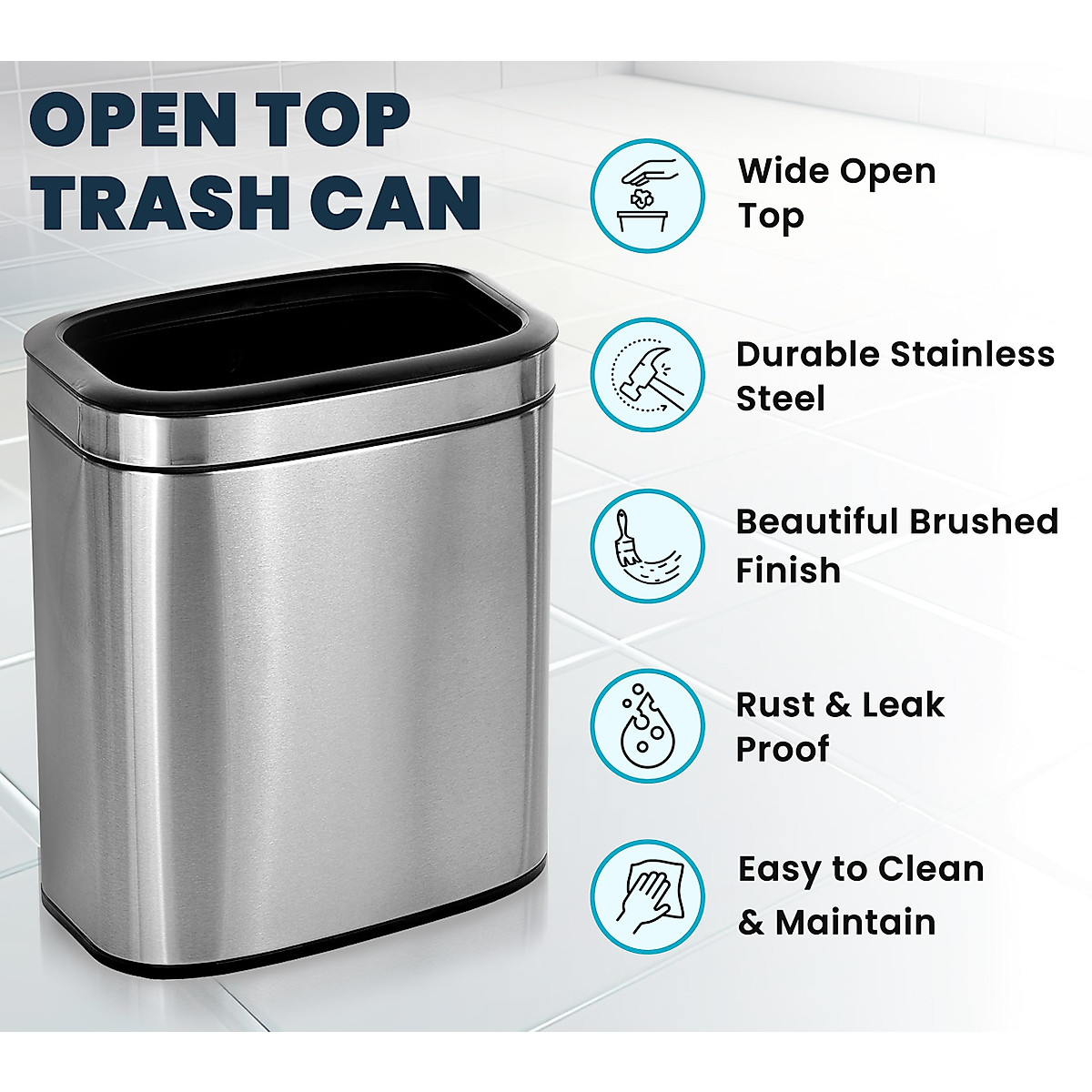 Alpine 20 Liter /5 Gallon Trash Can Open Top - Slim Stainless Steel Trash Can No Lid, Modern Silver Metal Wastebasket, Narrow Trash Can with Removable Trash Bin for Office Desk, Kitchen, Bathroom