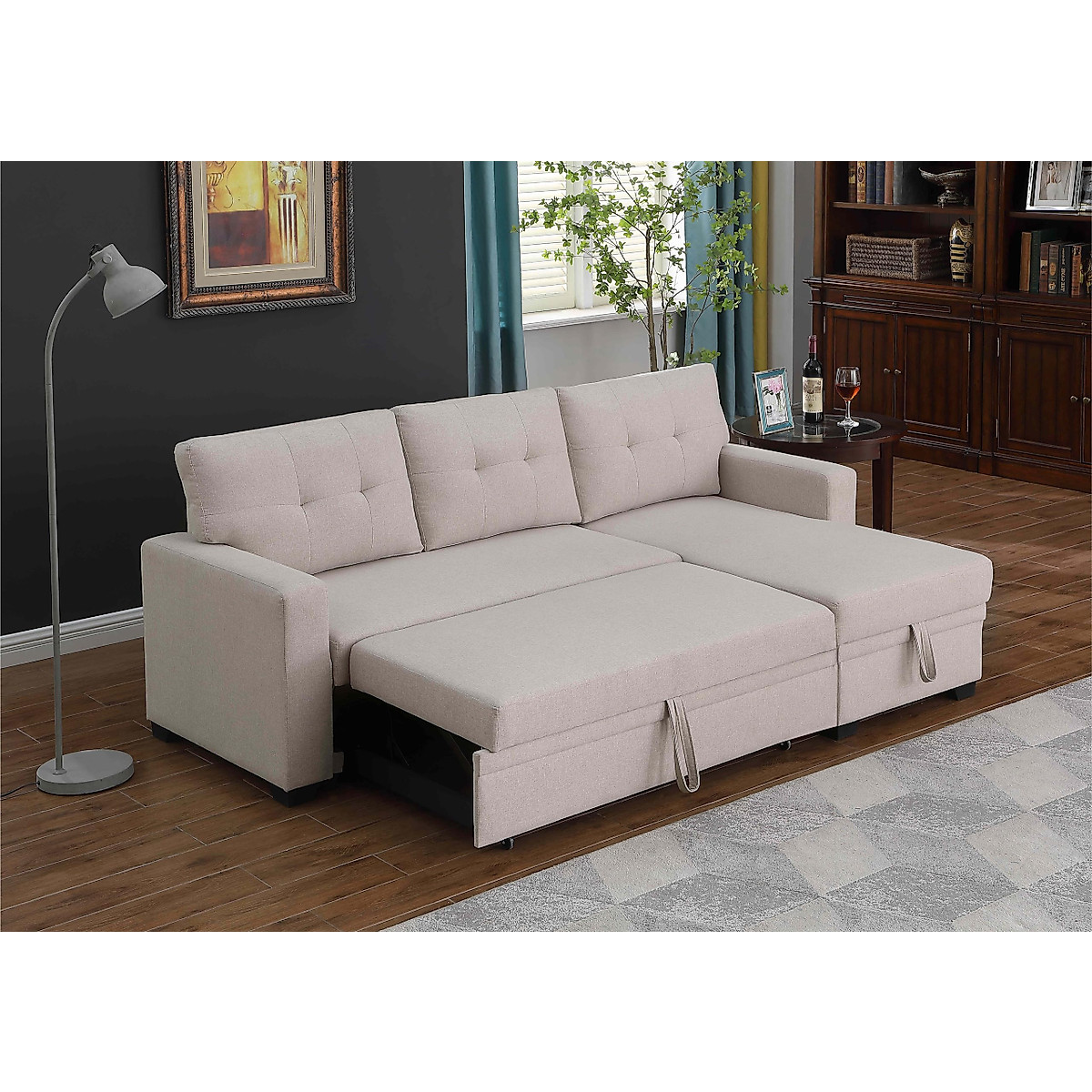 Wakefit Sectional Sofa Couch, 4-in-1 Sleeper Sofa Bed with Reversible Storage Chaise Pull Out Couch for Living Room | Hidden Stroge | Pull Out Bed | Removable Backrest | Linen Fabric, Beige