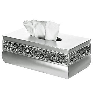 Crackled Glass Silver Tissue Box Cover Rectangular - Decorative Bling Tissue Box Holder with Beautiful Mosaic Glass - Elegant Tissue Holder for Bathroom with Durable Bottom Slider (Silver Collection)