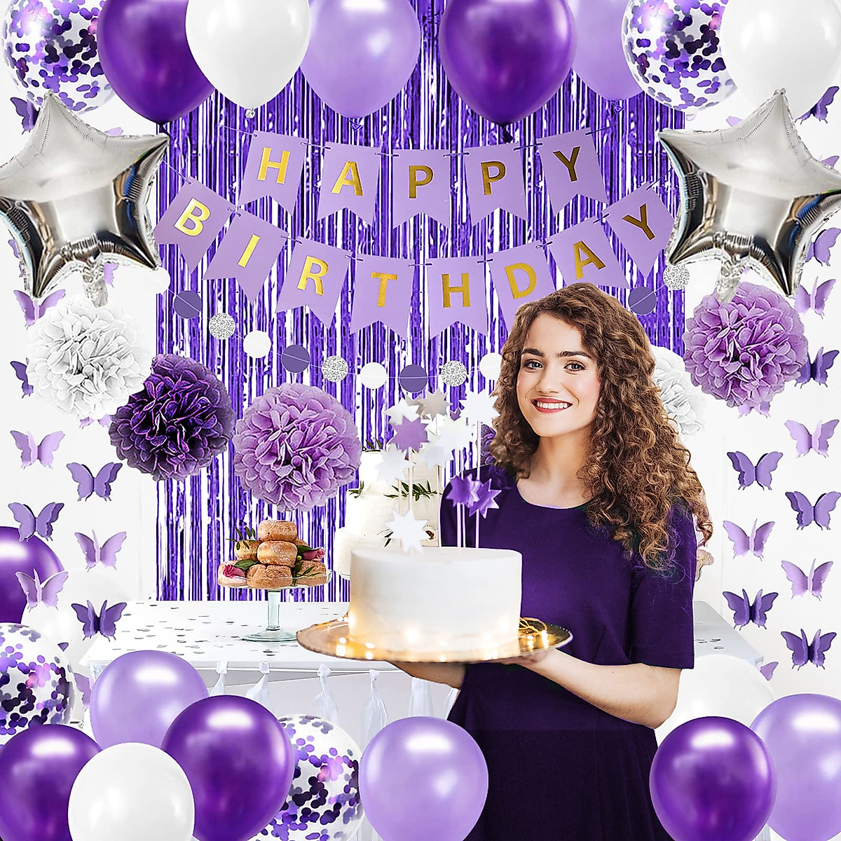 Lasocy Purple Birthday Decorations for Women Girls Butterfly Hanging Garland Purple and White Silver Lavender Party Decorations Set with Happy Birthday Banner Purple Foil Background Pompom Flower
