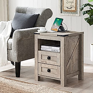 T4TREAM Nightstand wtih Charging Station, End Table, Side Table with 2 Drawers Storage Cabinet for Bedroom, Living Room, Farmhouse Design, Wood Rustic,Light Rustic Oak