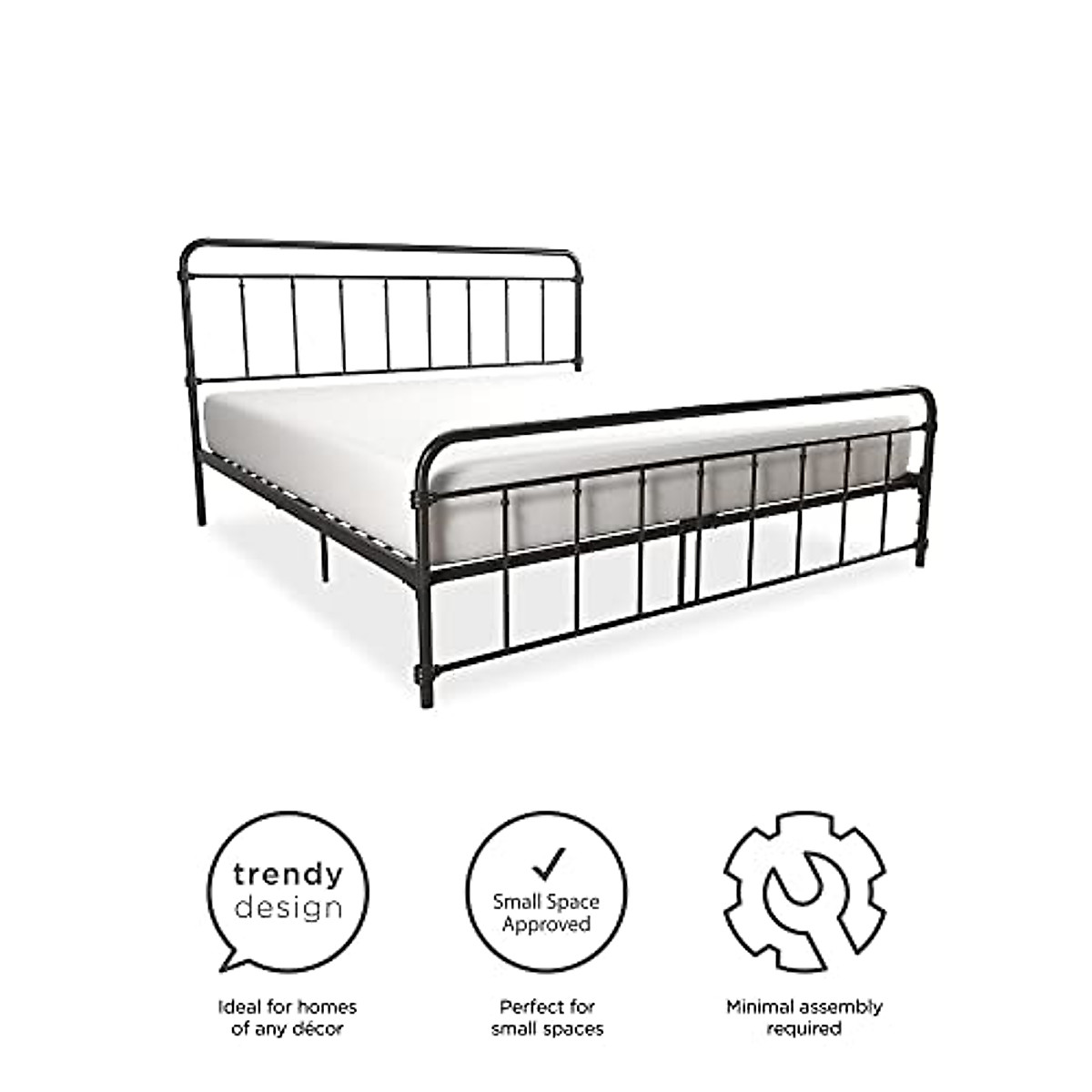 DHP Winston Metal Platform Bed with Rustic Design and Curved Edge Headboard and Footboard, Adjustable Base Height for Underbed Storage, No Box Spring Needed, King, Black