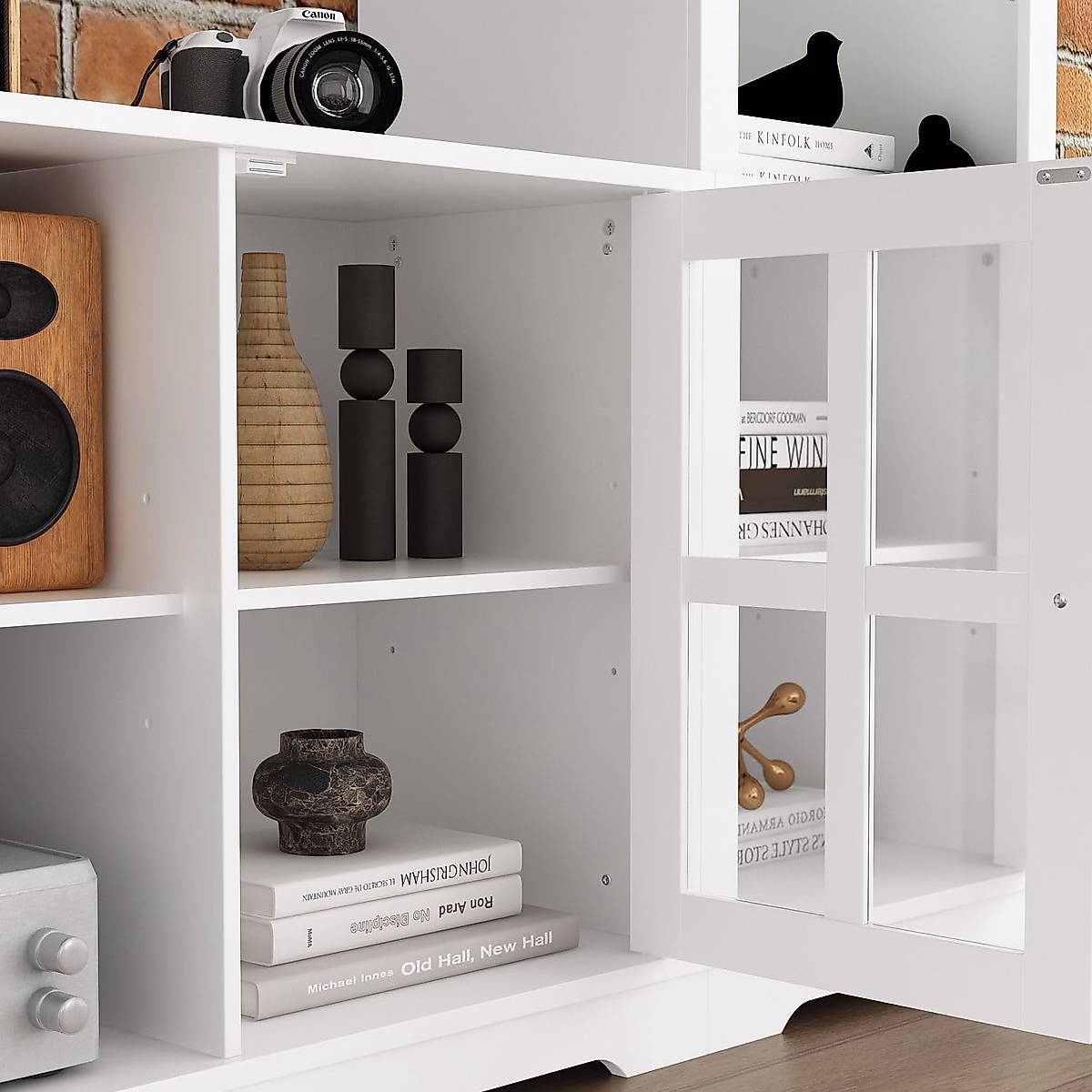 DiDuGo Large Entertainment Center with Bookshelves & Glass Doors, 66.9x43.3 inch Hutch Space for TV, Living Room Entertainment Center with Storage, White (102”W x 14.6”D x 78.2”H)