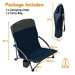 Pacific Pass Lightweight Camp and Beach Chair w/ Built-In Cup Holder, Includes Carry Bag - Navy/Gray