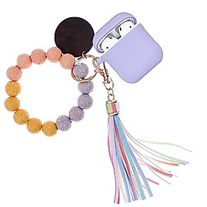 Fycyko Compatible with AirPods Case Silicone Cover with Keychain for Women Girl Cute Leopard Pattern Wood Bracelets Colorful Tassel Keychain Design Purple Case for AirPods 1st& 2nd Generation