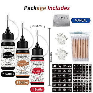 Yomagine Temporary Tattoos Kit, Semi Permanent Tattoo Ink, DIY Fake Freckles Temporary Tattoos for Women Men Kids, Summer Trend Freehand Ink with 59 Pcs Tattoo Stencils, Jagua Gel - Full Kit 5 Bottles