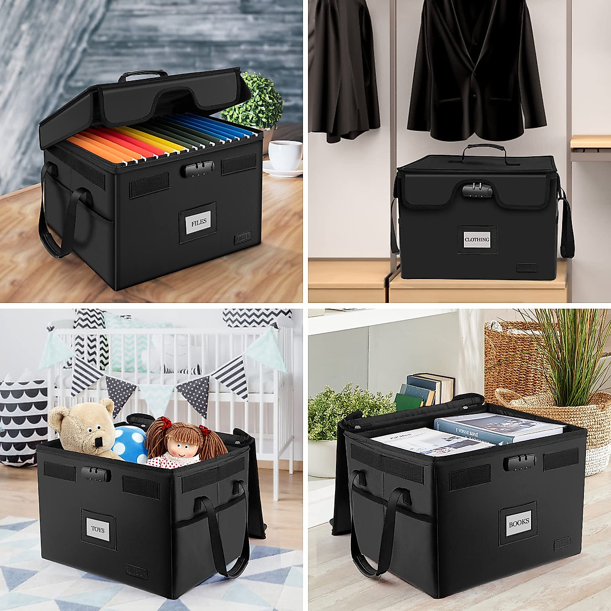AMBOR File Box with Lock, Fireproof Document Box with 5 Tabs, Collapsible File Organizer with Handle for Letter & Legal Size Folder/Certifications/Books/Toys Storage, Black