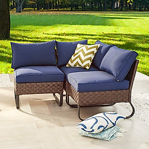 LOKATSE HOME 3 Pcs Outdoor Rattan Furniture Patio Conversation Sectional Set All-Weather Wicker Corner Sofa Metal Armless Chair with Cushion, Blue