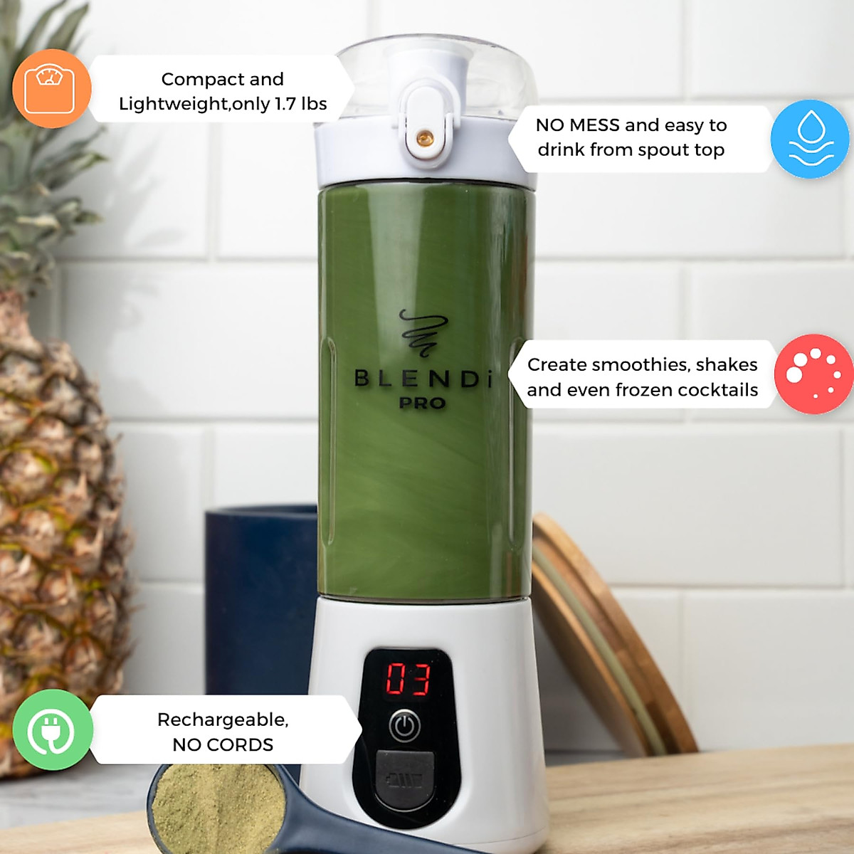 Blendi Pro Plus Premium Cordless Portable 17.5oz Rechargeable Blender - Crush Ice, Fruit & Blend Sports Powders in Seconds - Stainless Steel Blades w/High Powered 120W Motor - Gym, Tailgates (White)